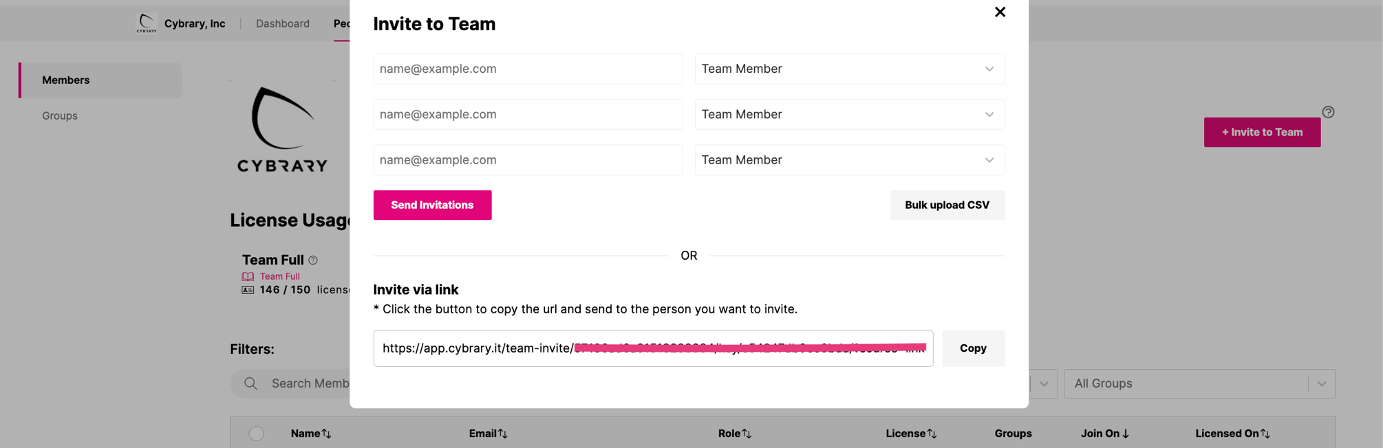 Cybrary for Teams: Invite New Team Members